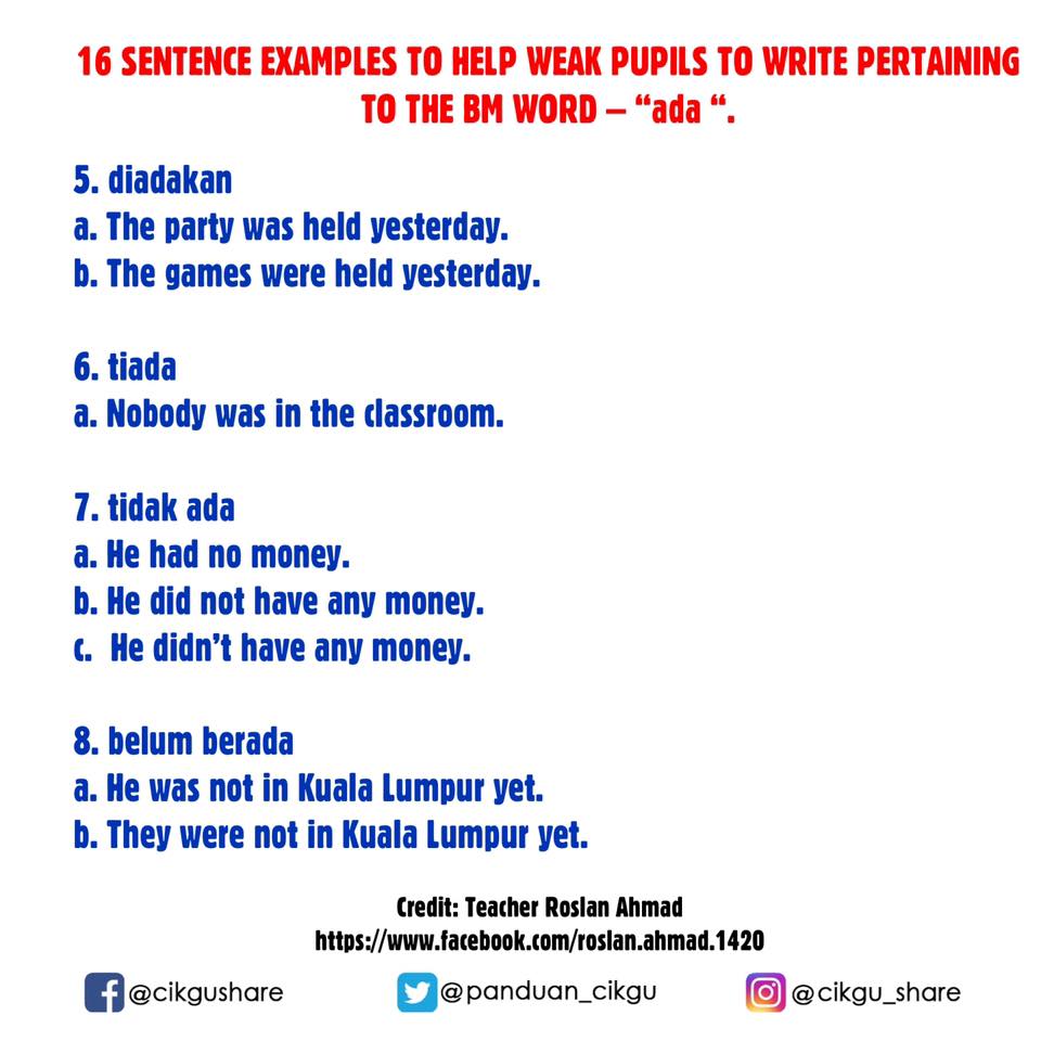 16 Sentence Examples To Help Weak Pupils To Write Pertaining To The BM ...