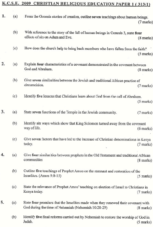 kcsepaper: 2009 KCSE CRE PAPER 1