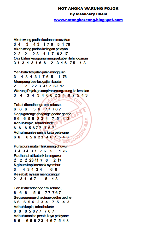 NOT ANGKA WARUNG POJOK - Kumpulan Not Lagu