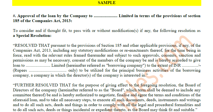 Draft Special Resolution under section 185 Companies Act 2013