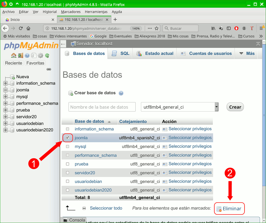 Usuariodebian Crear Y Borrar Bases De Datos En Phpmyadmin