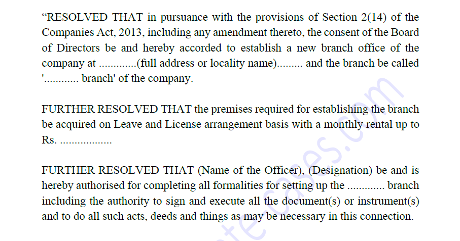 Board Resolution for Opening Establishing of New Branch Office