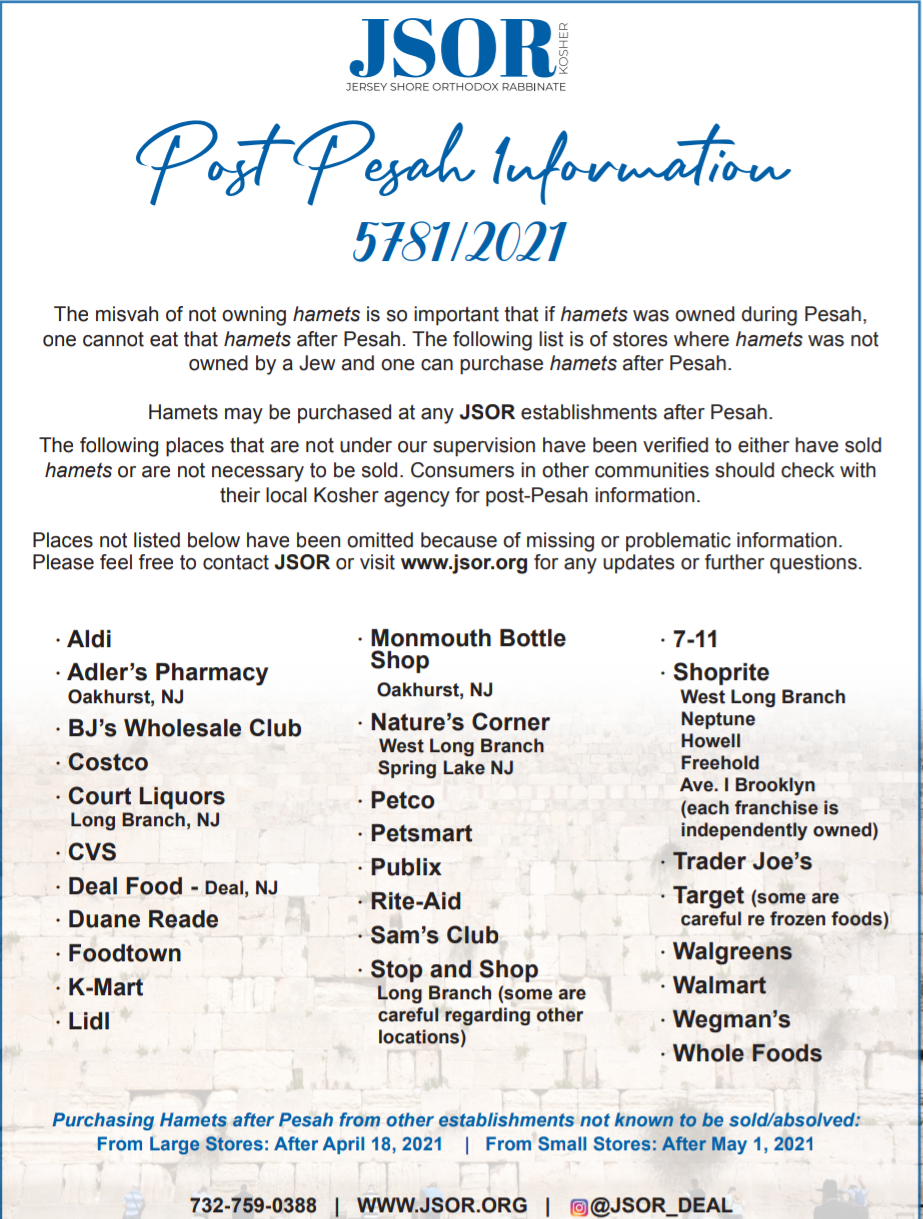 Hefkervelt : Post Pesach List Of Stores from JSOR