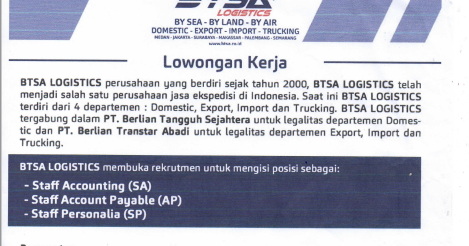 Lowongan Kerja D3/S1 PT BTSA Logistics Medan Maret 2020 | Lowongan ...