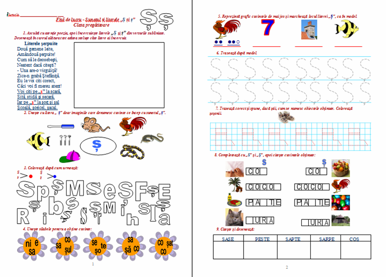 Fișă de lucru - Sunetul și literele „Ș și ș”, clasa pregătitoare - Materiale didactice de 10(zece)