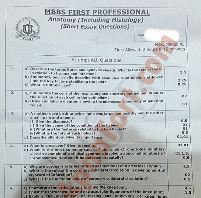 UHS 1ST YEAR MBBS ANATOMY ANNUAL PAPER 2018