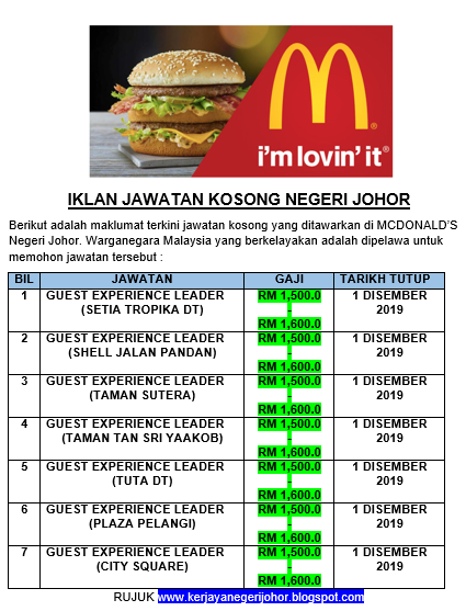 Iklan Permohonan Online Jawatan Kosong MCDONALD'S di Negeri Johor - BANTUANMADANI