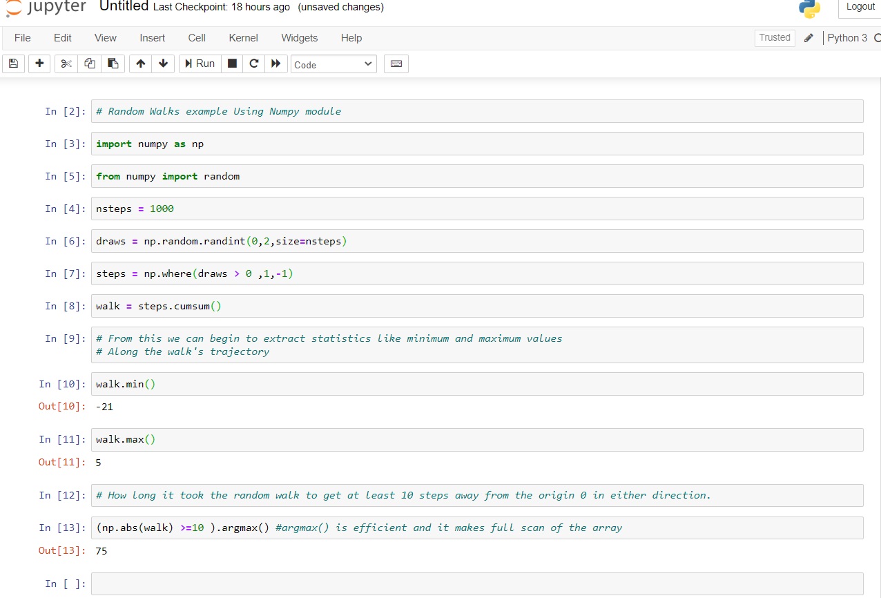 🐍 Python And It's Libraries 🐍 : Random Walks example Using Numpy module 🐍 Python And It's Libraries 🐍 : Random Walks example Using Numpy module
