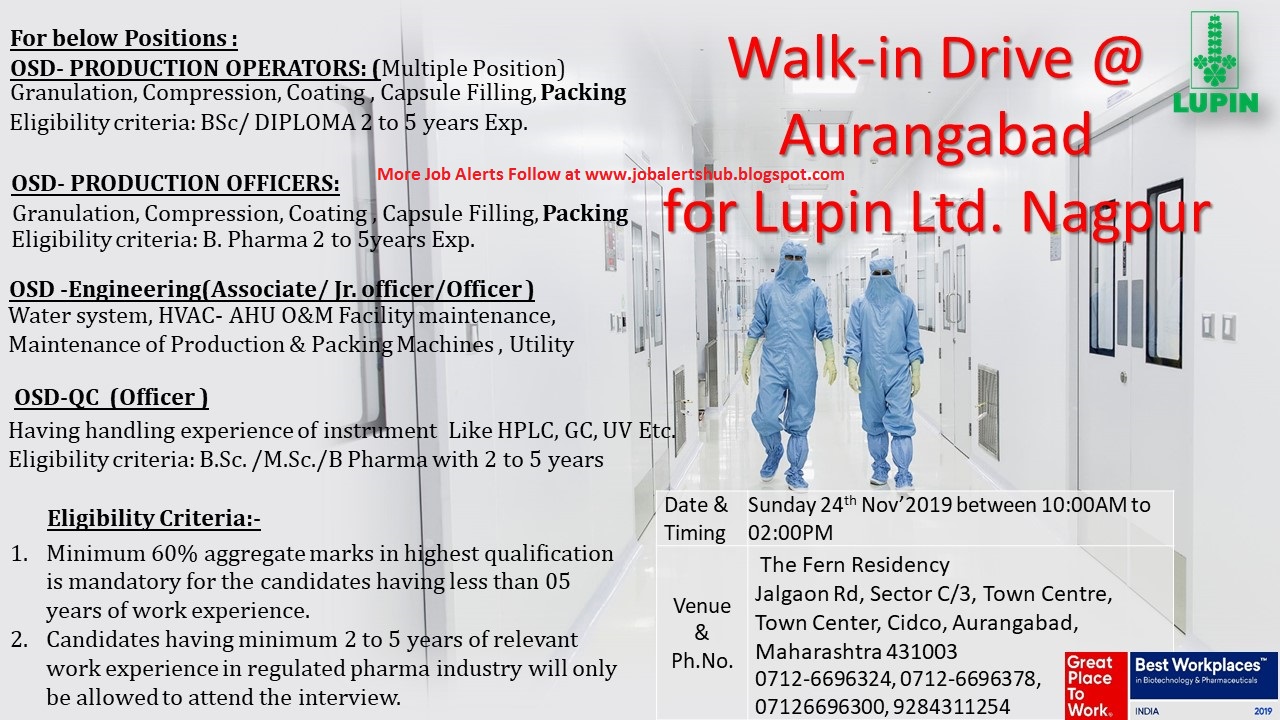 LUPIN LIMITED - Walk-In Interview for Multiple Positions on 24th Nov' 2019 @ Aurangabad - JOB ...
