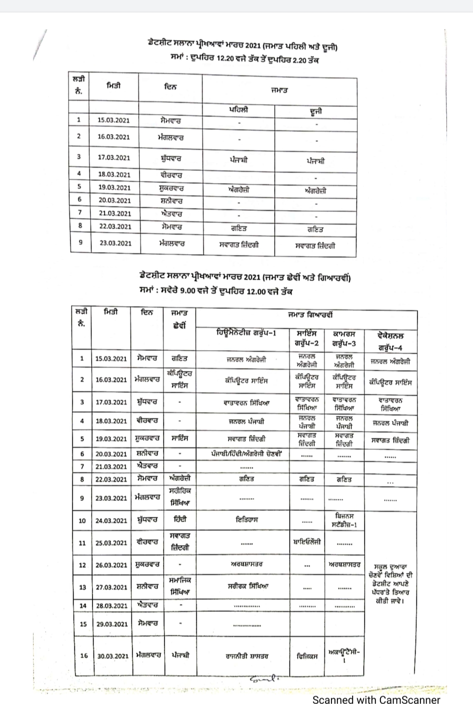 PUNJAB NEWS ONLINE Revised Date Sheet For Non Board Classes 12 3 2021 punjab-news-online-revised-date-sheet-for-non-board-classes-12-3-2021
