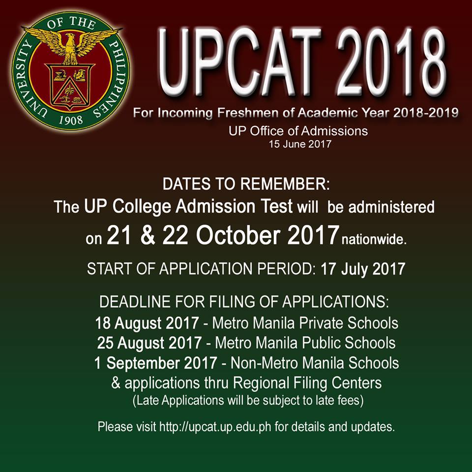 UPCAT 2018 schedule, deadline of filing, requirements announced