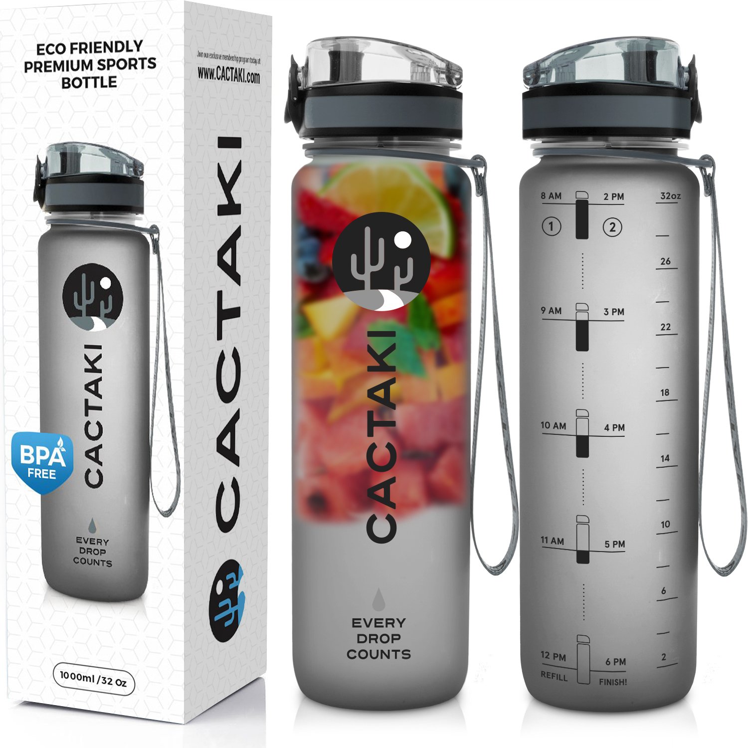 Cactaki Water Bottle with Time Marker, Large BPA Free Water Bottle, Non ...