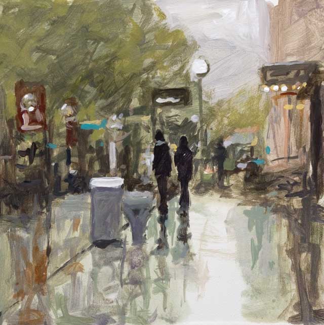 John K. Harrell Fine Art : Spring Rain 6 x 6 Arylic Urban Landscape