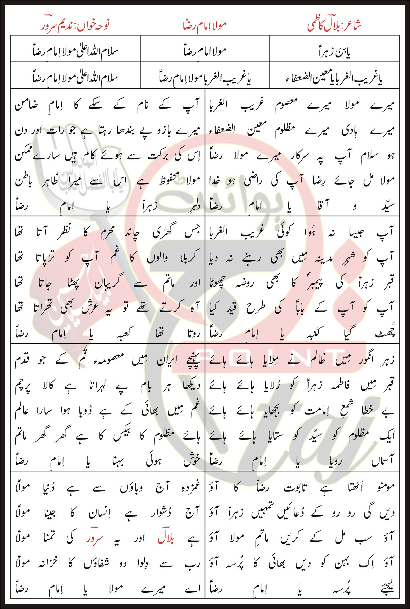 Maula Imam e Raza.Yabna Zahra.Maula Imam-e-R Lyrics Bilal Kazmi Maula Imam e Raza.Yabna Zahra.Maula Imam-e-R Lyrics Bilal Kazmi