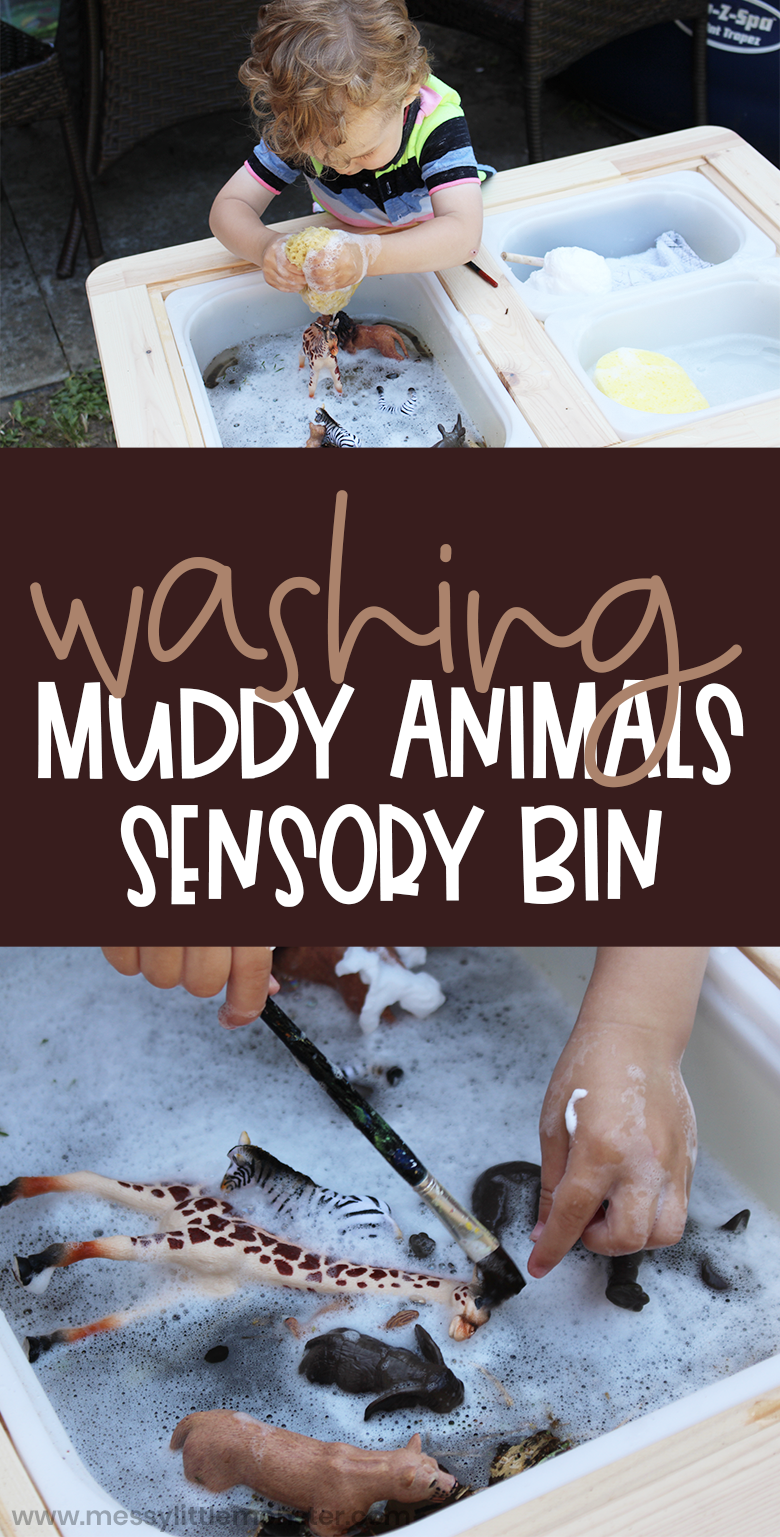 Washing Muddy Zoo Animals Sensory Bin for Toddlers - Messy Little Monster