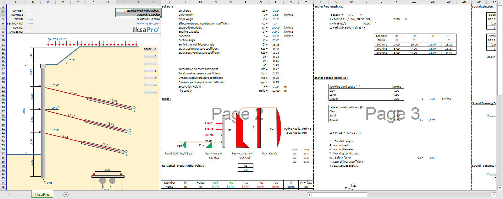 Retaining Wall with Anchors Analysis and Design Spreadsheet
