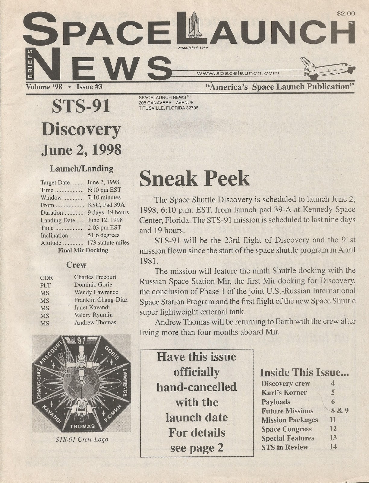 SpaceFlight 360°: SpaceLaunch News: STS-91 Shuttle Discovery Issue