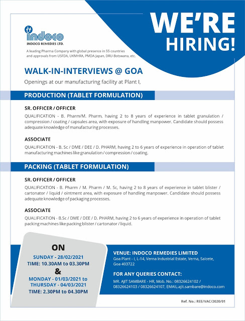 Indoco Remedies Ltd - Walk-In Interviews on 28th Feb & 1st to 4th Mar ...