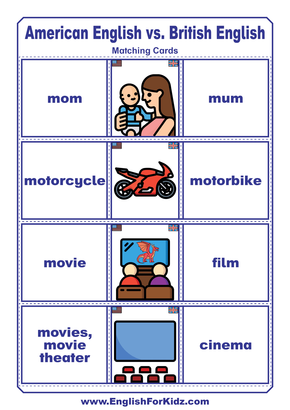 British Vs American English Boardgame Worksheet Free