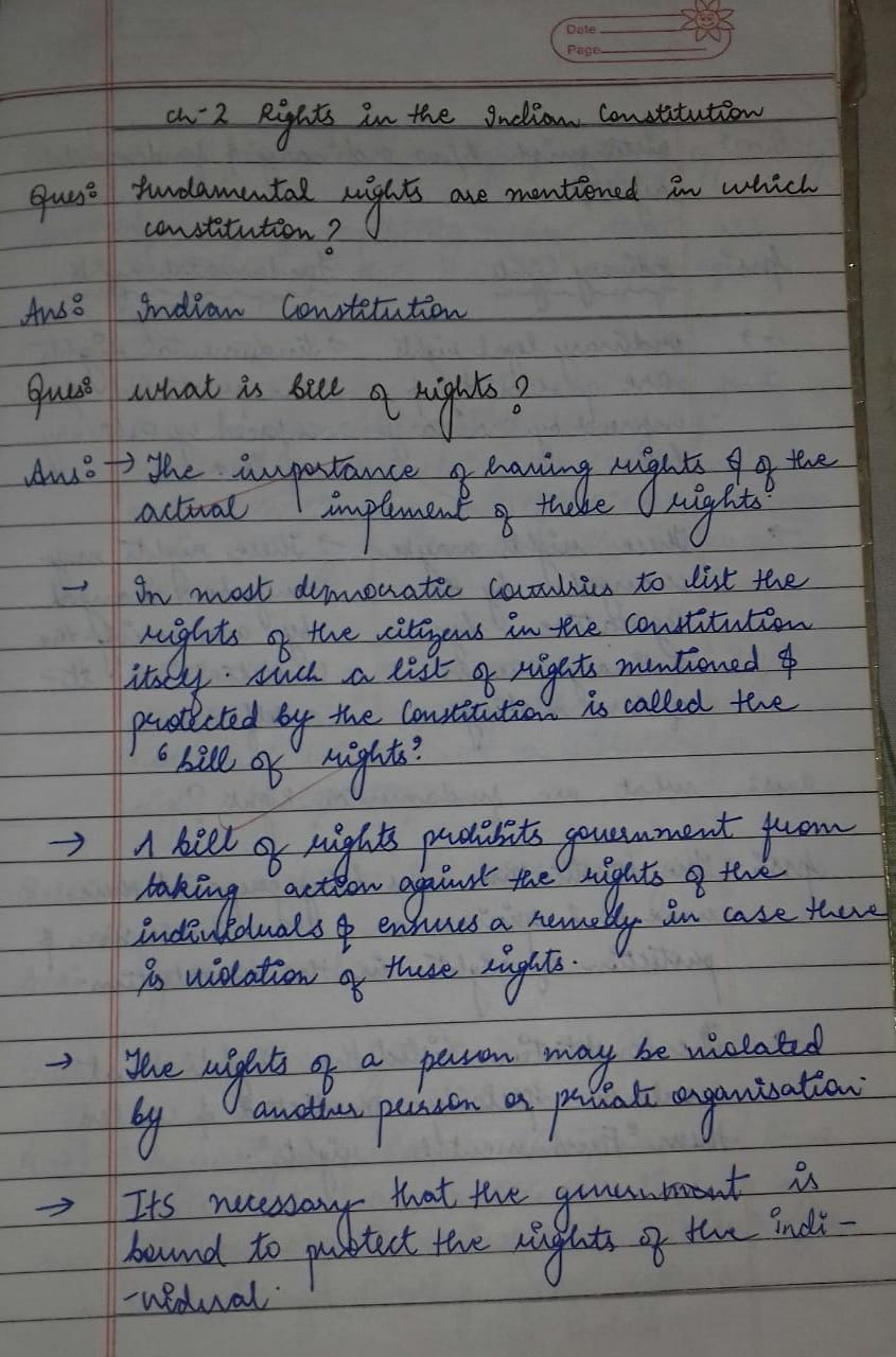 Class 11CH-2 RIGHTS IN THE INDIAN CONSTITUTION/ HAND WRITTEN NOTEs by ...