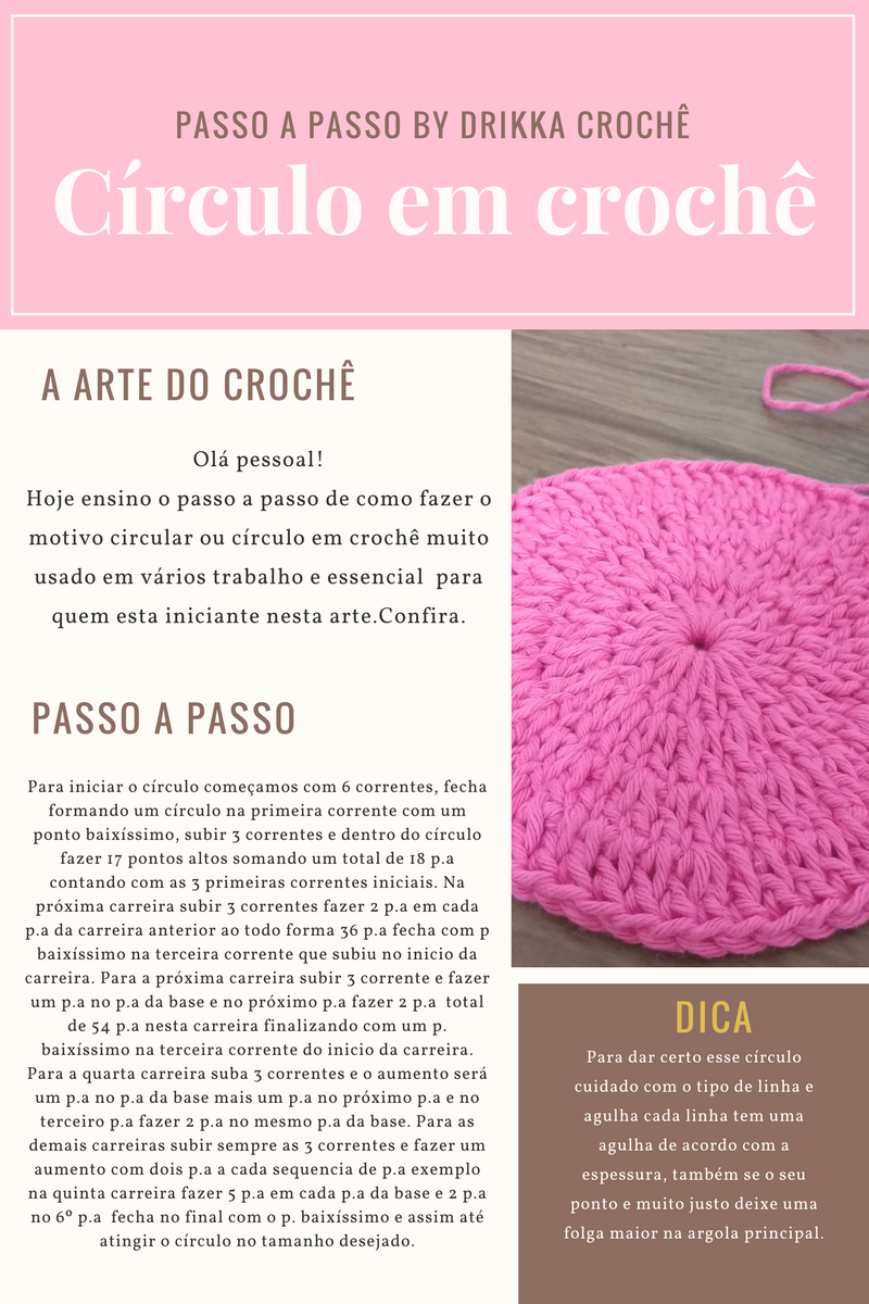 Círculo em crochê para iniciantes e como fazer os aumentos ~ Drikka Mota