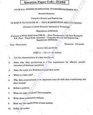 CS2032 Data Warehousing and Data Mining Nov Dec 2015 Question Paper ...