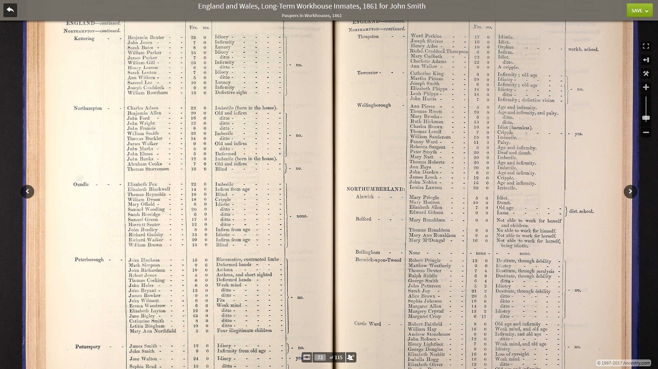 The GENES Blog: England and Wales, Long-Term Workhouse Inmates, 1861