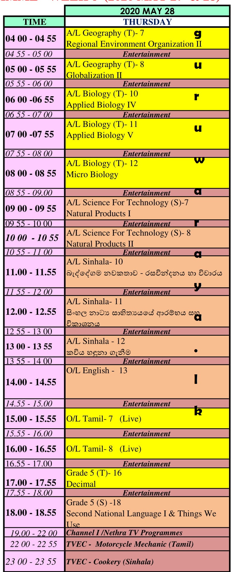 6th Week Time Table - Teacher
