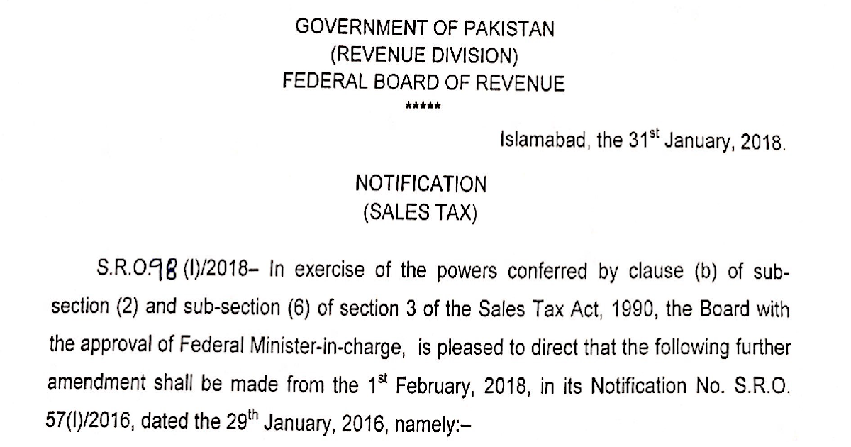 SRO 98(I)/2018 DATED JANUARY 31, 2018 - Change in sales tax rates on ...