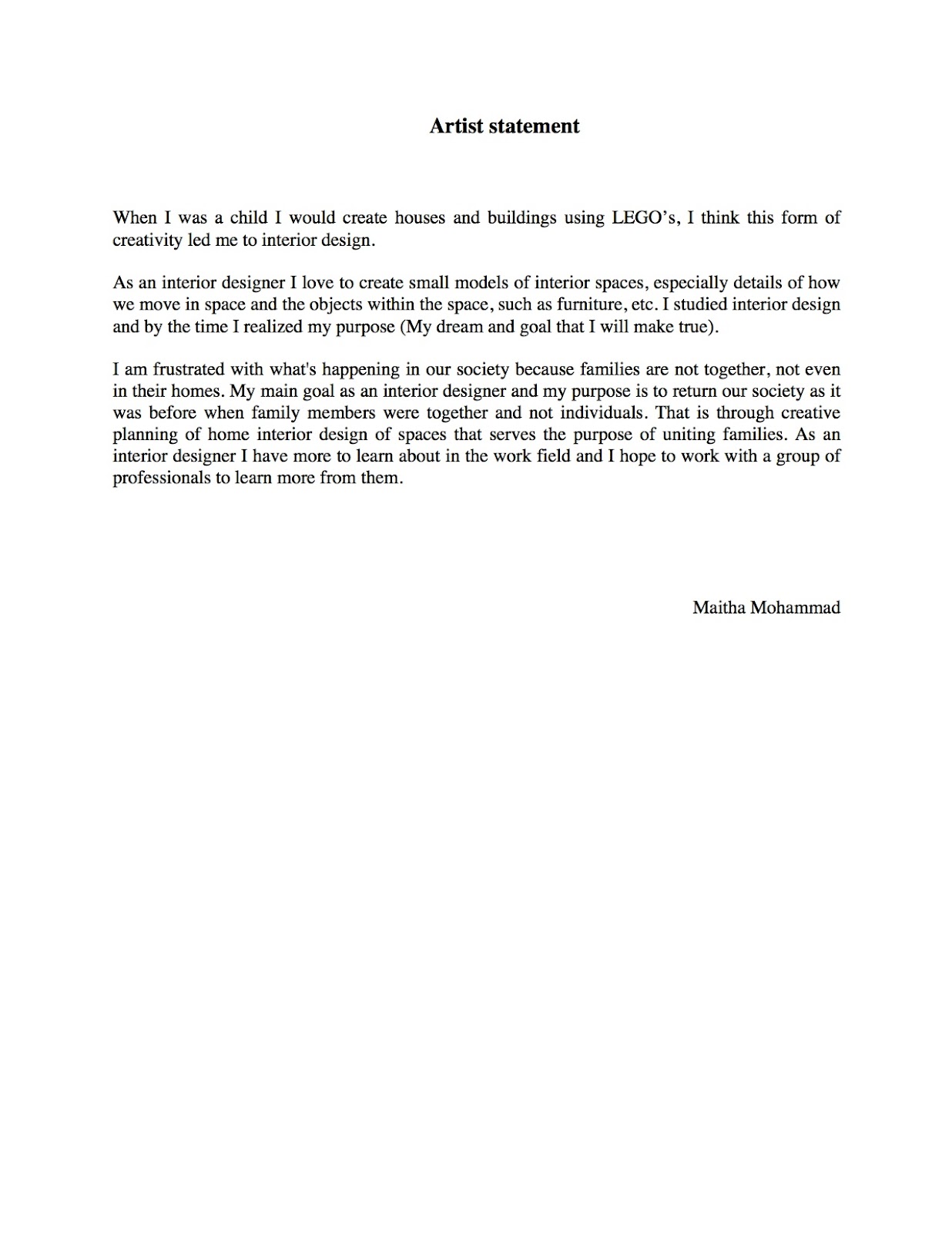 Art 405 Professional Artist: artist statements