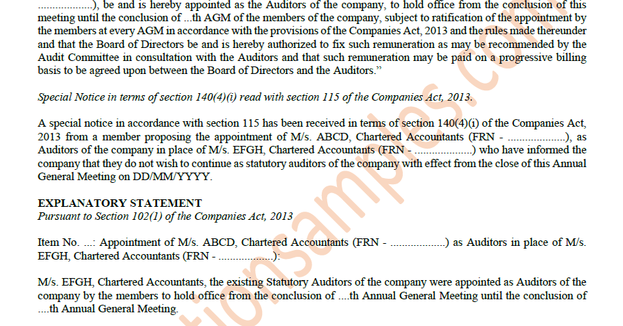 AGM resolution appointment of auditor other than retiring auditor