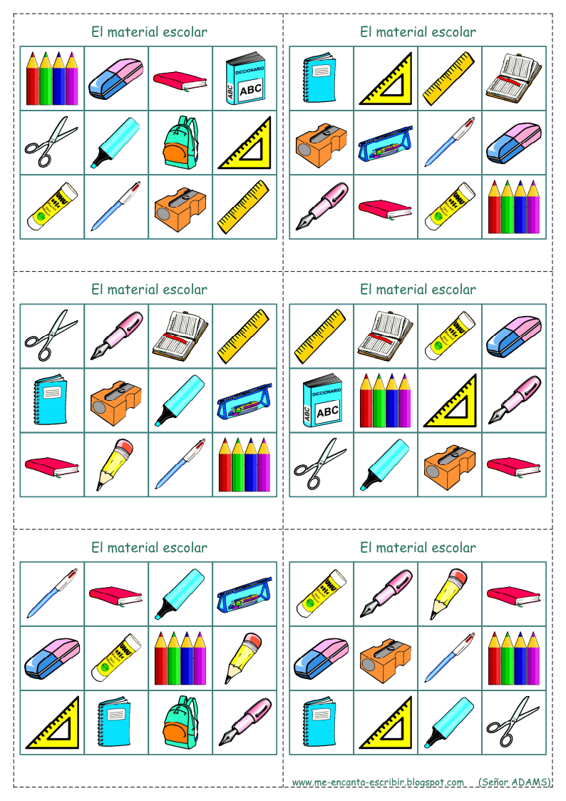 Me encanta escribir en español: Juego de BINGO con el material escolar