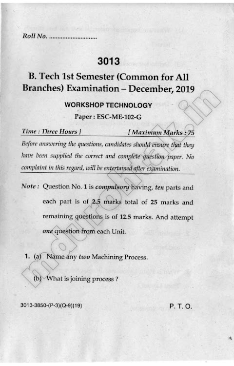 Workshop Technology - Question paper - B.Tech. 1st Year - Question Paper