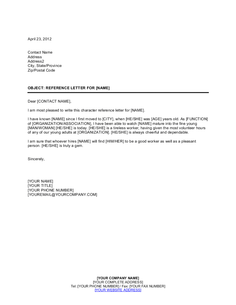 Good Character Reference Letter Template ~ Resume Letter