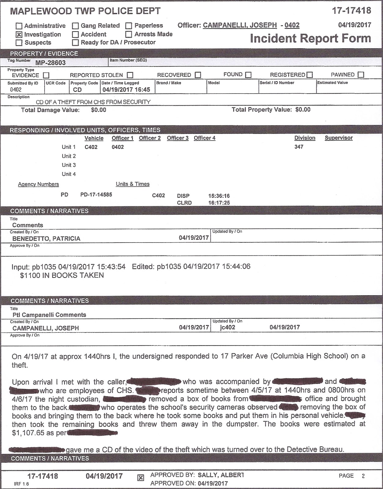Maplewoodian CHS BOOK THEFT POLICE REPORT Maplewoodian CHS BOOK THEFT POLICE REPORT
