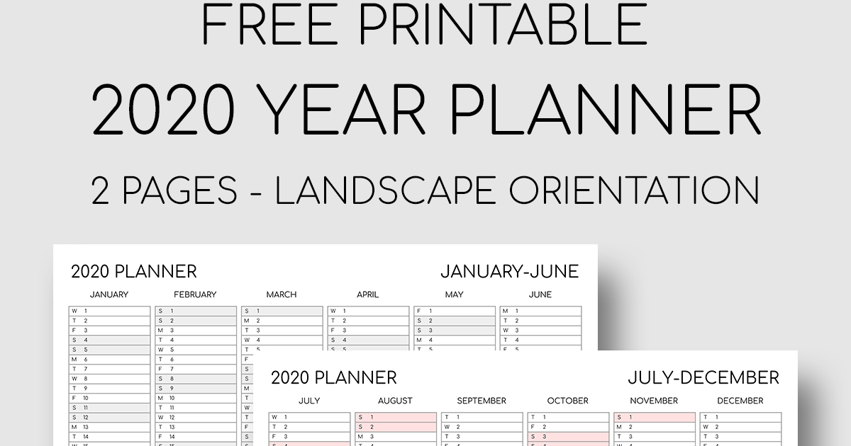Printable 2020 Year Planner - Two Pages - Landscape Orientation