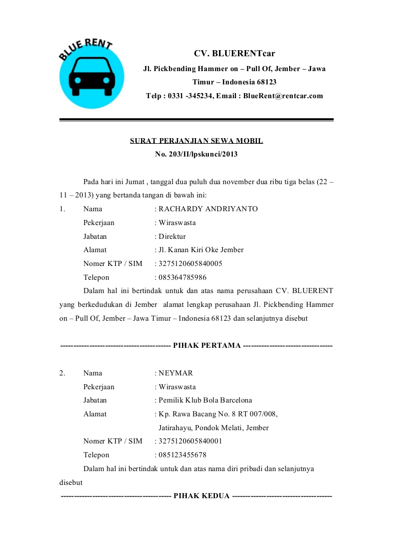 Contoh Surat Perjanjian Rental Mobil - Perumperindo.co.id