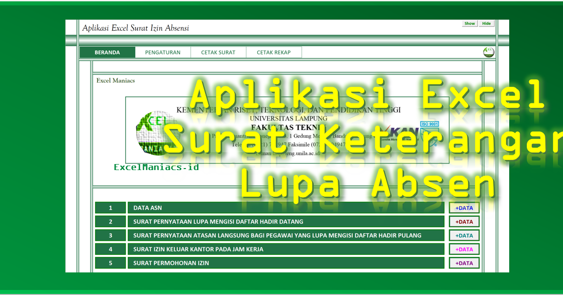 Aplikasi Excel Surat Keterangan Lupa Absen - ExcelManiacs