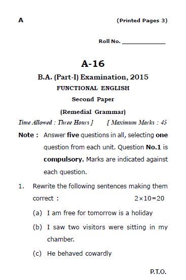 LU B.A English (A16) Functional English Remedial Grammar 2015 Question ...