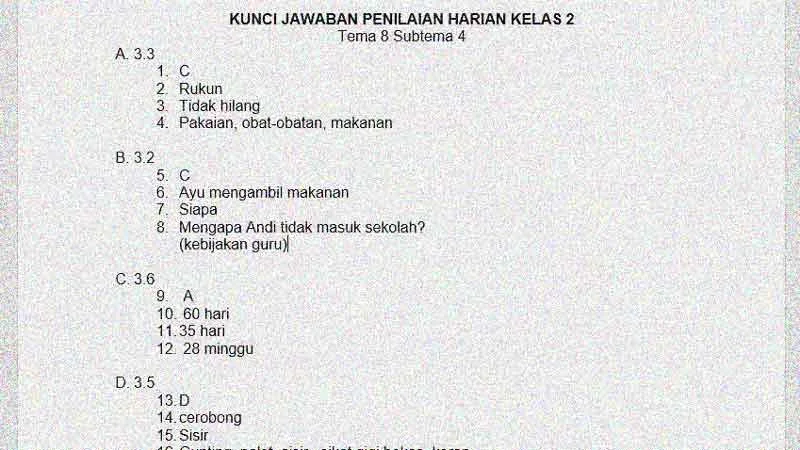 Soal Penilaian Harian Kelas 2 Tema 8 Subtema 4 dan Kunci Jawaban - SekolahDasar.Net