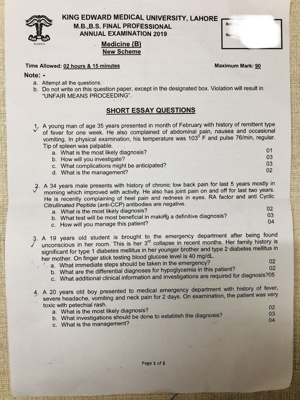 FINAL PROF QUESTION PAPERS 2019