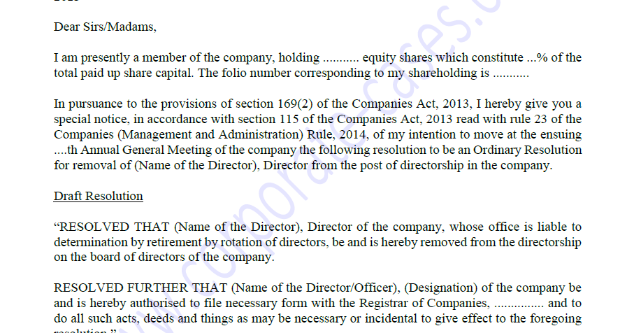 Format of Special Notice for Removal of Director Section 169(2)