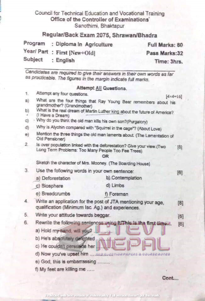 AG English - 1st Year Question Papers CTEVT | Diploma in Agriculture ...