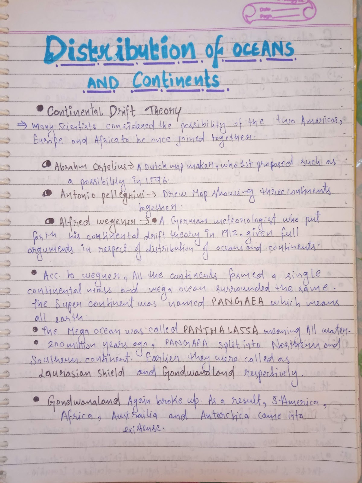 Handwritten Notes Of Distribution Of Oceans And Continents Geography