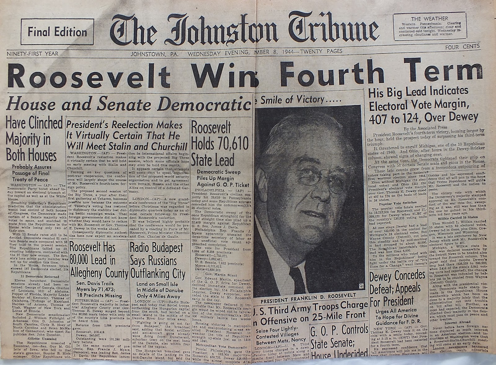 The Johnstown Tribune - WWII: November 8, 1944: Roosevelt Wins Fourth Term