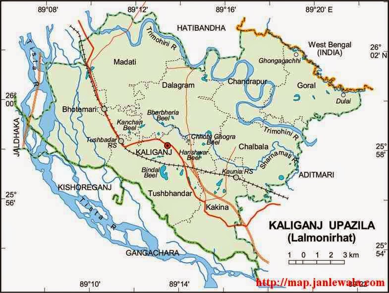 Kaliganj Upazila Map, Lalmonirhat District, Bangladesh