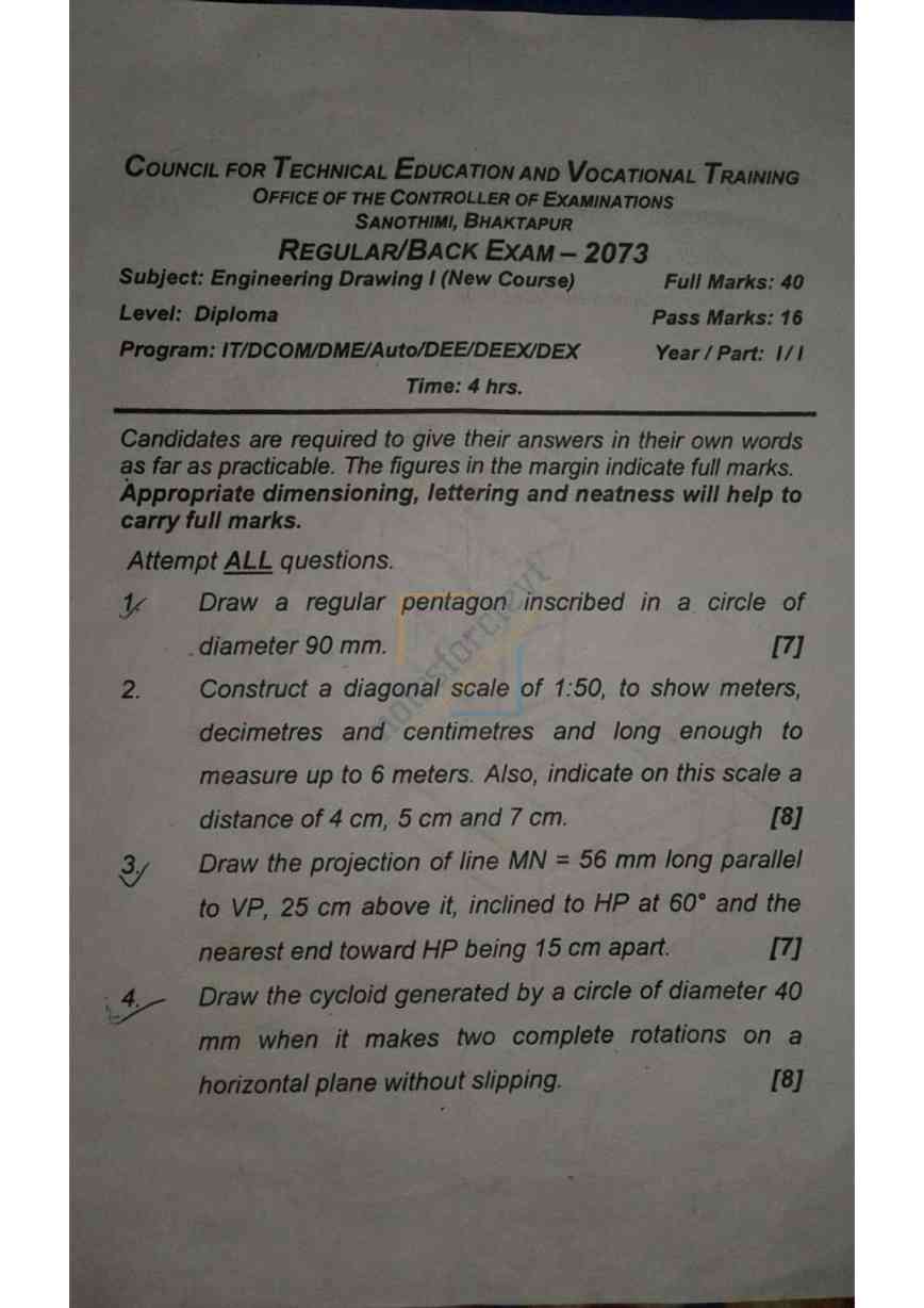 CTEVT | Question Paper 2073 | 1st Semester | Diploma in Information ...