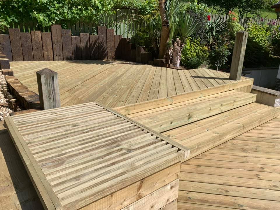 sleepers, multi level decks and BIG planters!