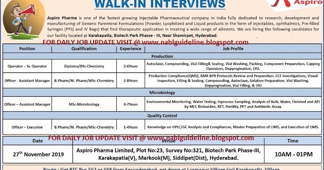 NABL GUIDELINES: Aspiro Pharma Ltd - Walk-In Interviews for Production / Microbiology / QC on ...