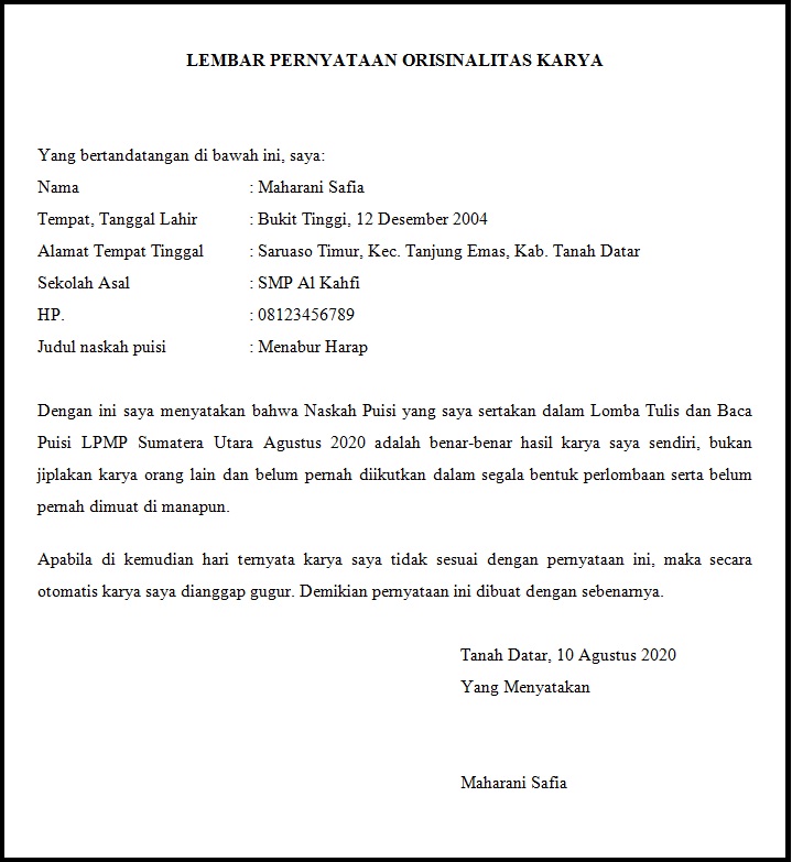 Contoh Lembar Pernyataan Orisinalitas Karya sebagai Salah Satu Syarat Lomba